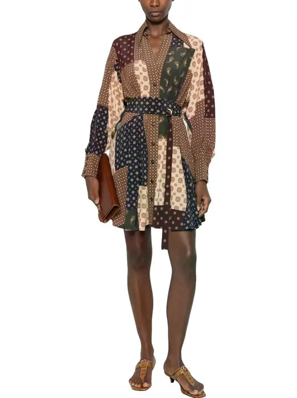 Zimmermann Tuck Patchwork-print Belted Mini Dress - Brown