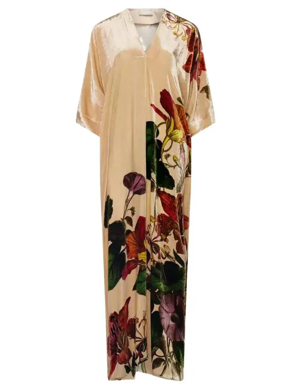 PIERRE-LOUIS MASCIA Floral Print Velvet Maxi Dress - Neutrals