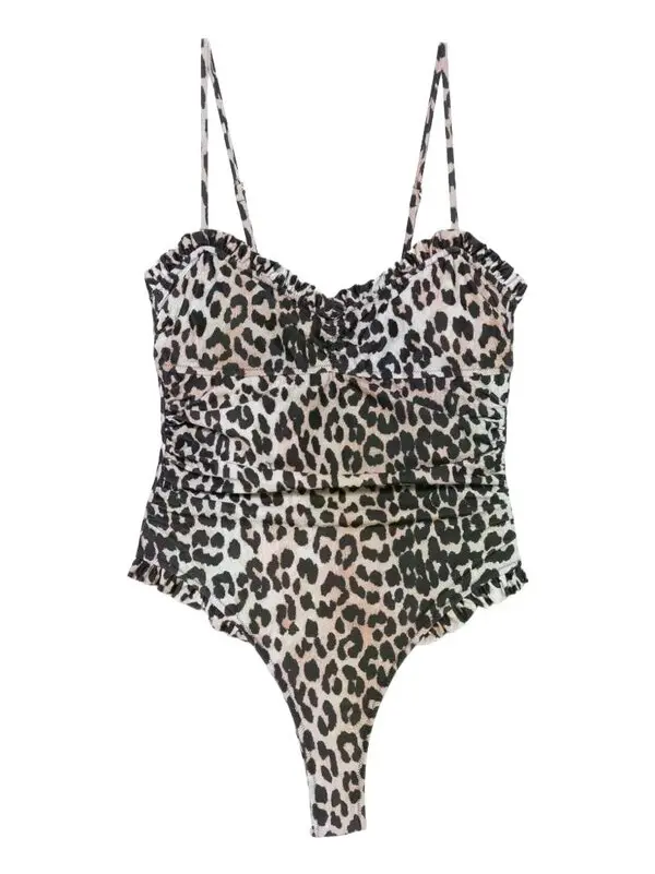 GANNI Leopard-print Ruffled Bodysuit - Brown