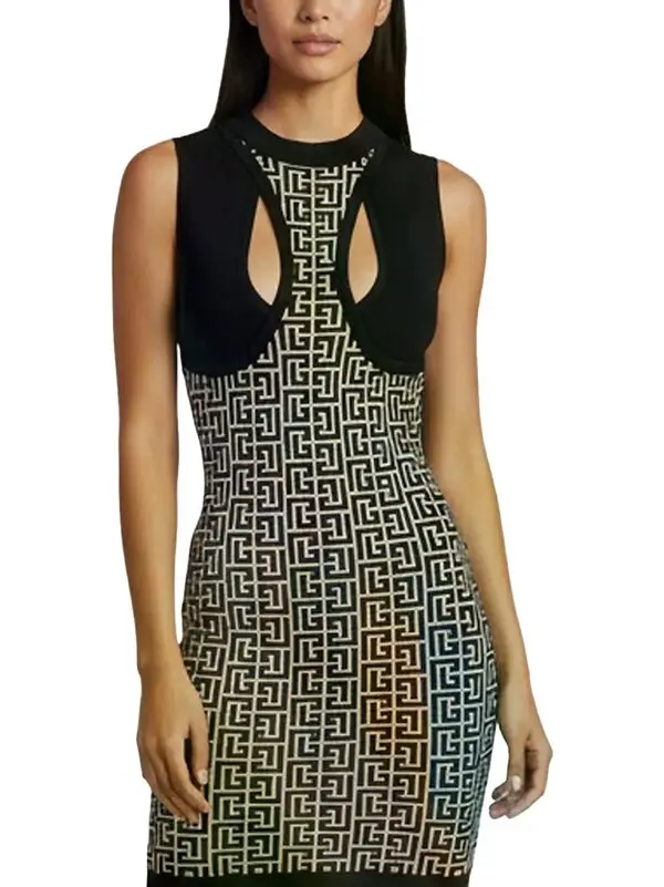 Balmain Monogram Jacquard Cutout Mini Dress - Black