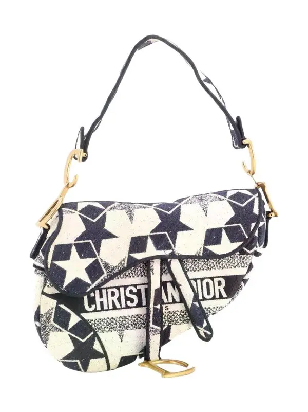 Dior Saddle Bag Logo Embroidered Canvas Medium Shoulder Bag - Blue