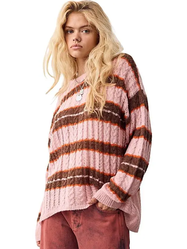 Free People Striped Cable Knit Pullover - Rose Combo