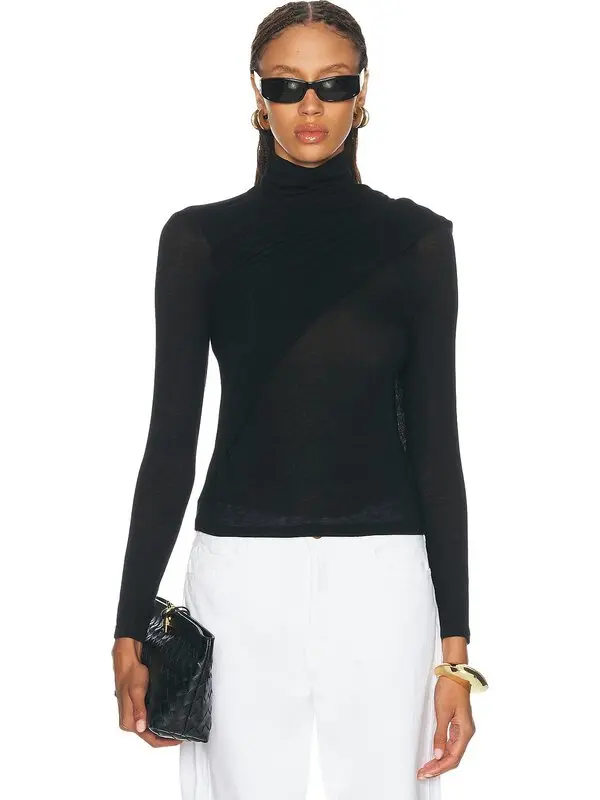 Enza Costa Sheer Cashmere Jersey Bandana Turtleneck Top - Black
