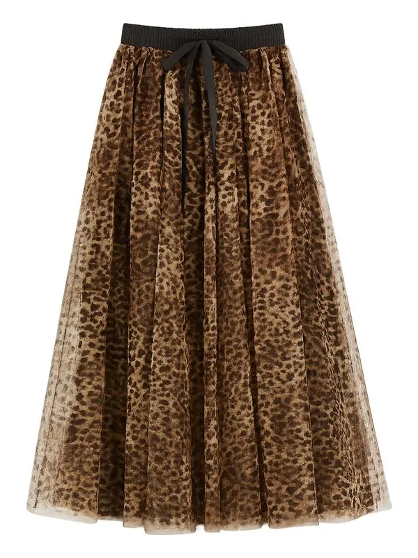 YUMI Leopard Mesh Tulle Skirt - Brown