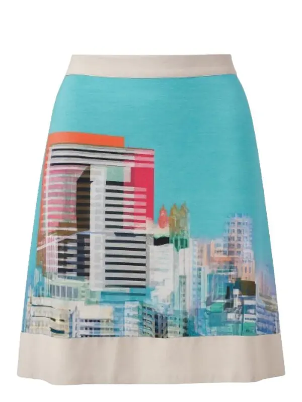 CONQUISTA Cityscape Print A-line Skirt With Contrast Hem - Blue