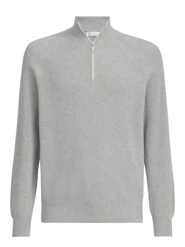 Brunello Cucinelli Cotton English Rib Half-zip Sweater - Light Gray