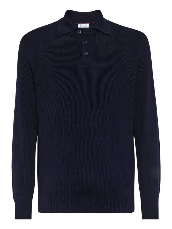 Brunello Cucinelli Long Sleeved Knitted Polo Jumper - Midnight Blue