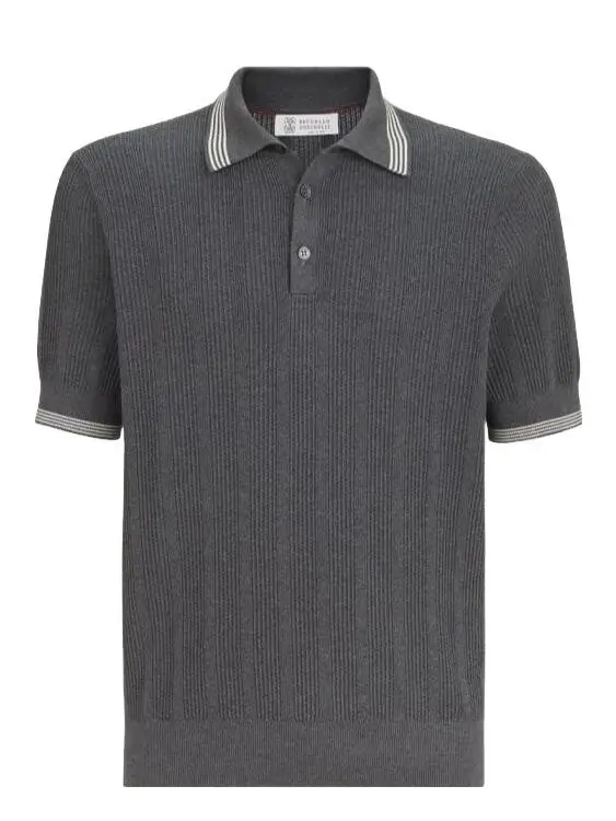 Brunello Cucinelli Cotton Textured Rib-knit Polo - Anthracite