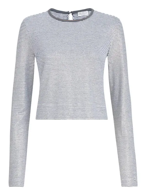 Brunello Cucinelli Striped Lamé Crew-neck Top - Gray