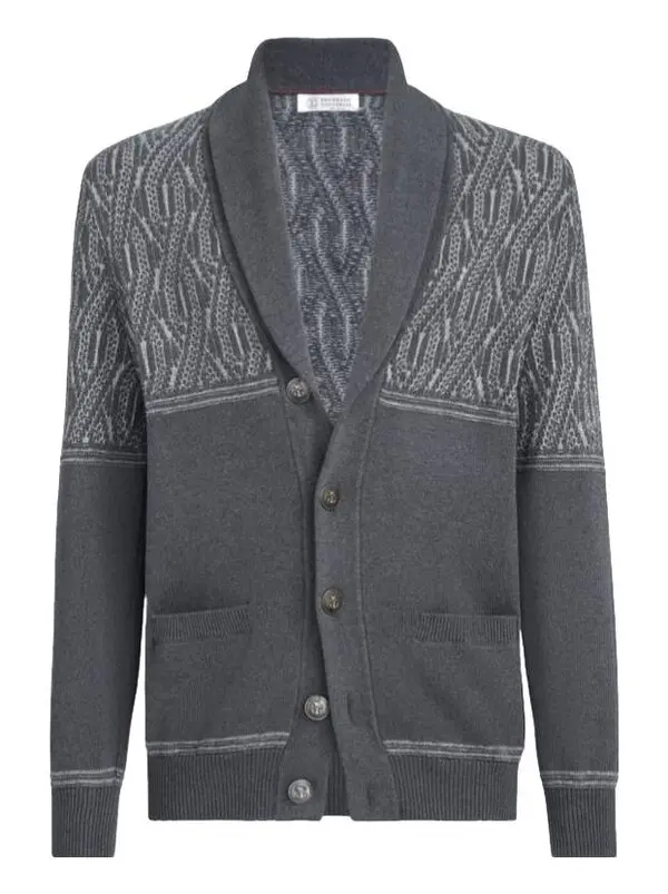 Brunello Cucinelli Cotton Shawl-collar Cardigan With Jacquard Cable Shoulder - Medium Gray