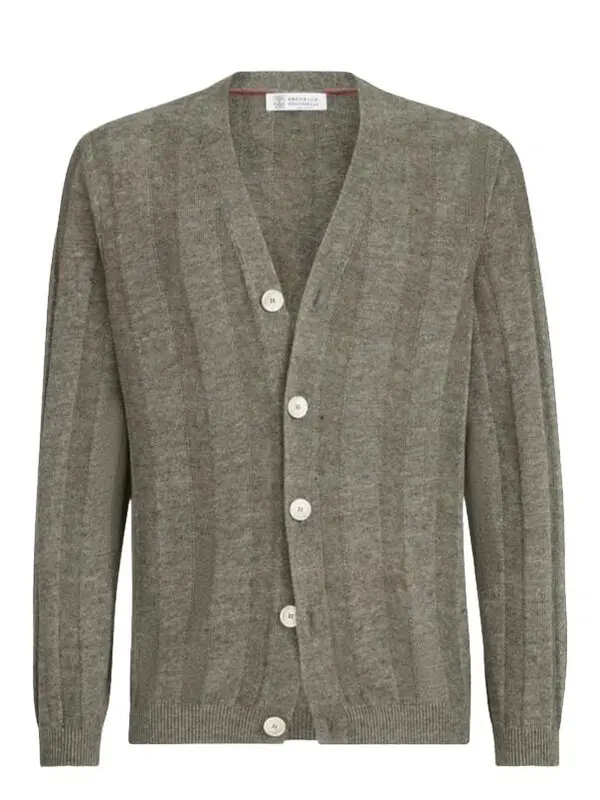 Brunello Cucinelli Linen And Cotton Textured Rib Cardigan - Olive
