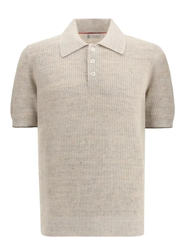 Brunello Cucinelli Half English Rib Knit Polo Shirt - Beige