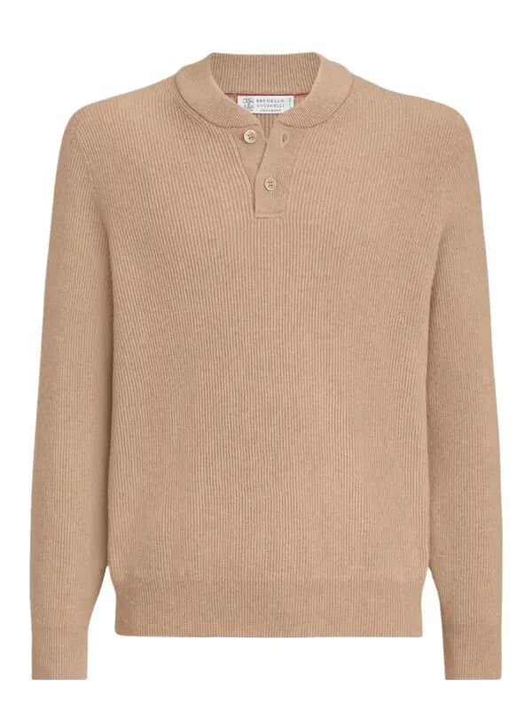 Brunello Cucinelli Cashmere English Rib Sweater With Henley Collar - Camel