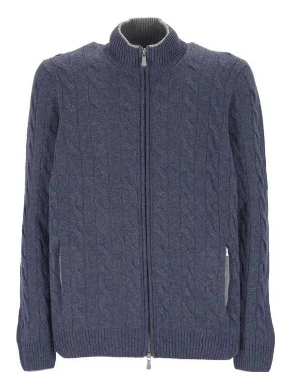 GRAN SASSO Long-sleeve Cable Knit Zip Up Cardigan - Blue