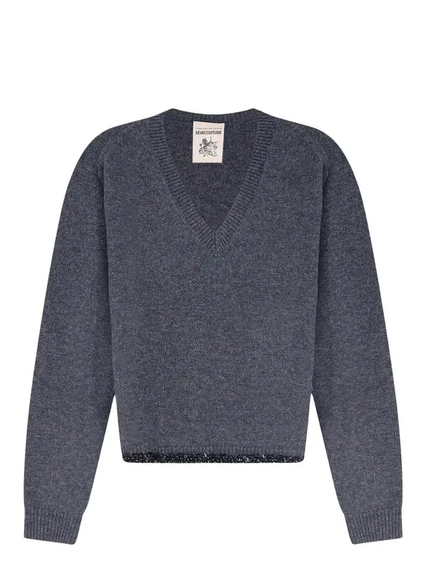SEMICOUTURE Embellished Hem V-neck Knitted Jumper - Grey
