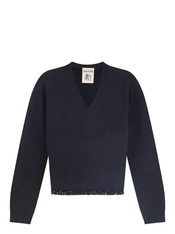 SEMICOUTURE Embellished Hem V-neck Knitted Jumper - Black