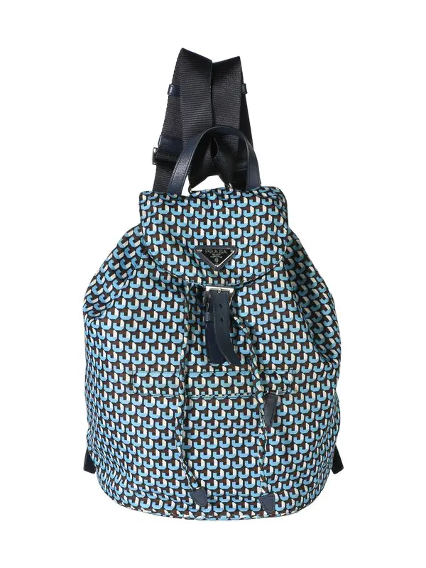 Prada Geometric Print Nylon Tessuto Drawstring Logo Backpack - Blue
