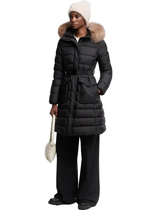 Moncler Khloesse Hooded Shearling-trimmed Long Down Jacket - Black