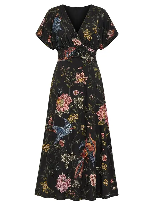 YUMI Viscose Bird & Floral Print Kimono Midi Dress - Black