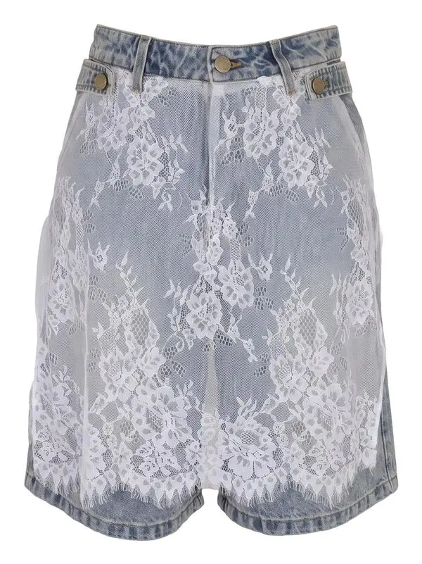 MODENAIRE High Waist Lace Overlay Denim Bermuda Shorts - Blue