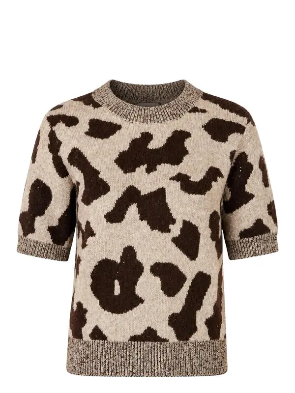 YUMI Leopard Intarsia Short Sleeve Jumper - Brown