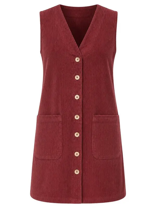 YUMI Cord Button Through Pinafore Dress - Red