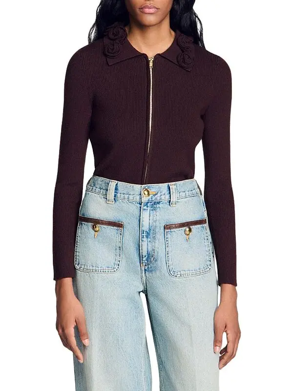 Sandro Zora Rosette Collar Zippered Cardigan - Brown