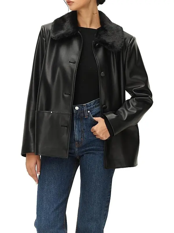 ELODIE THE LABEL Maud Faux Fur Collar Faux Leather Jacket - Black