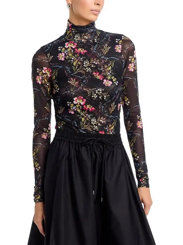 Cinq À Sept Love Letter Shirred Floral Mesh Turtleneck - Black Multi