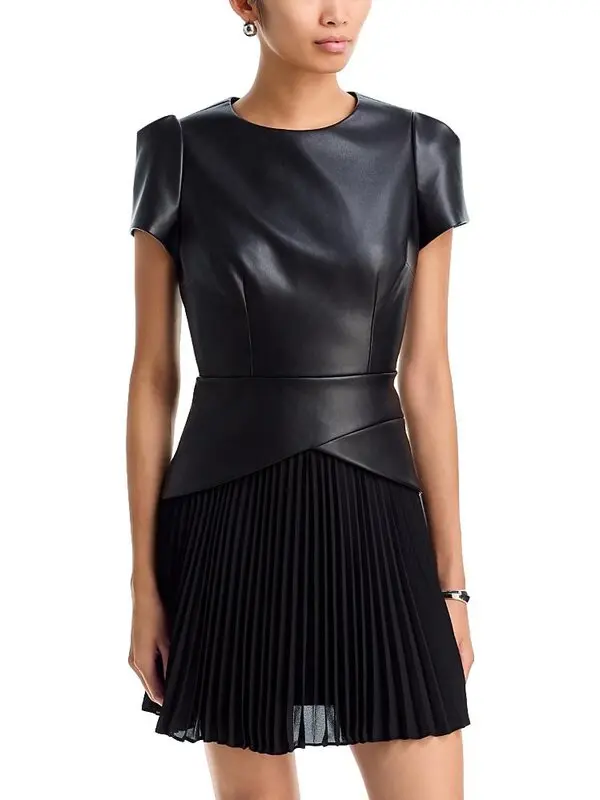 MILLY Haddy Faux Leather Mini Dress - Black/black