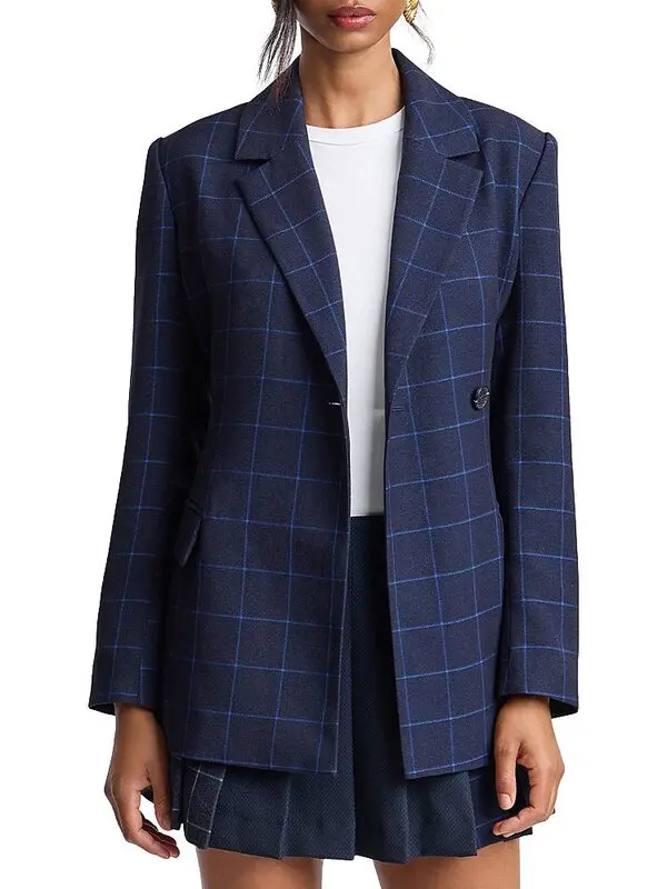 Avec Les Filles Windowpane Hourglass Tailored Blazer - Navy Windowpane