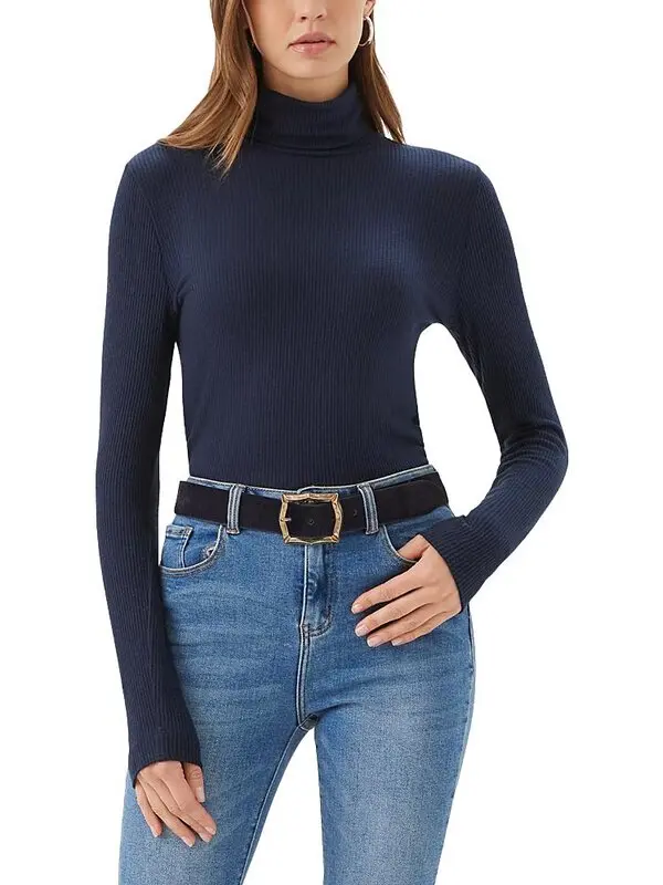 Karen Kane Ribbed Long Sleeve Turtleneck Top - Navy