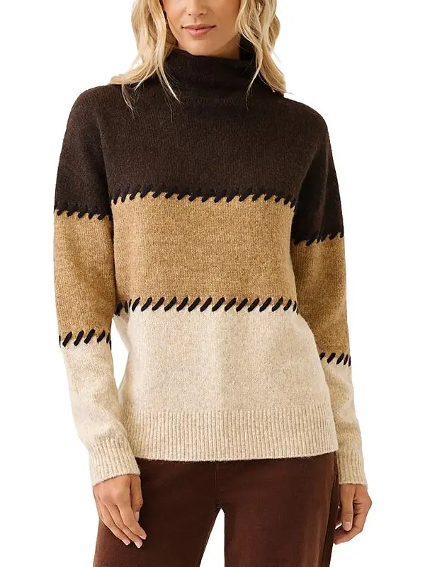 Karen Kane Contrast Stitch Mock Neck Colorblock Sweater - Brown