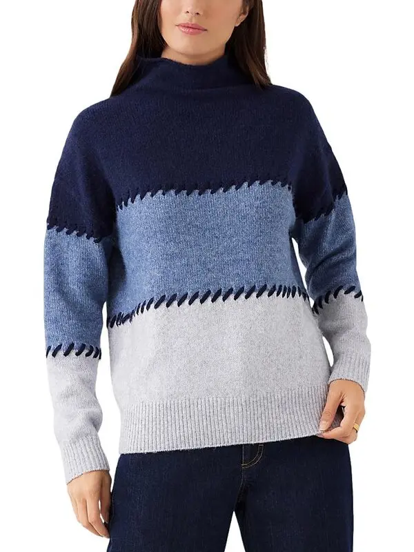 Karen Kane Contrast Stitch Mock Neck Colorblock Sweater - Navy