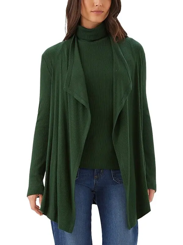 Karen Kane Ribbed Drape Front Cardigan - Forest