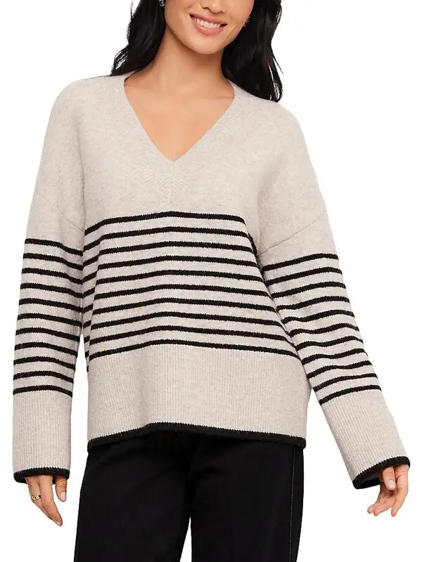 Karen Kane Printed V-neck Sweater - Oatmeal/ Black
