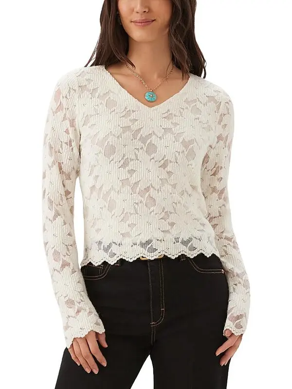 Karen Kane Floral Burnout V Neck Long Sleeve Top - Cream