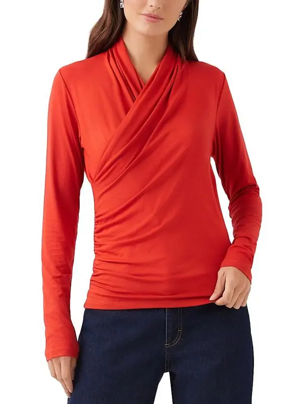 Karen Kane Crossover Side Shirred Long Sleeve Top - Rust