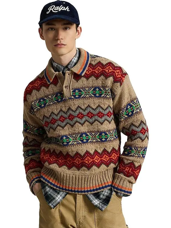 Polo Ralph Lauren Fair Isle Wool Blend Polo Collar Sweater - Tan Multi