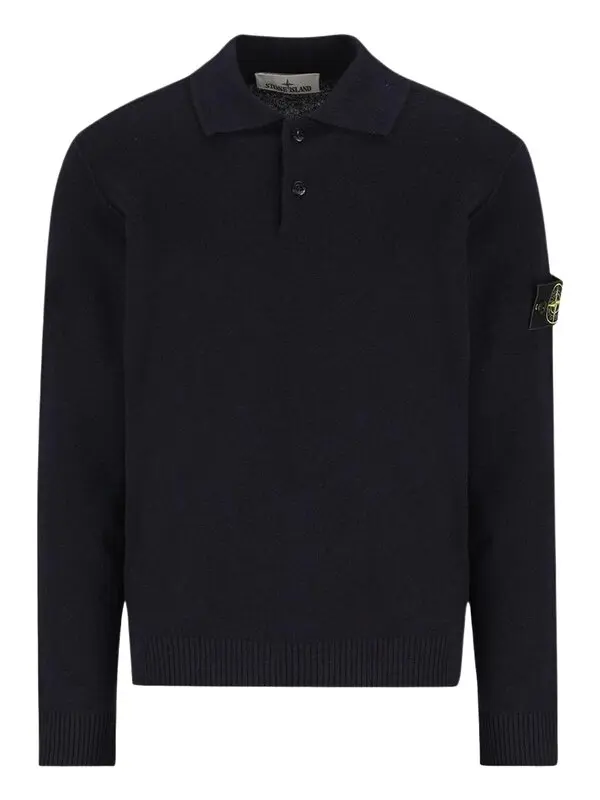 Stone Island Ribbed Collar Two-button Placket Sweater With Badge Detail - Blu