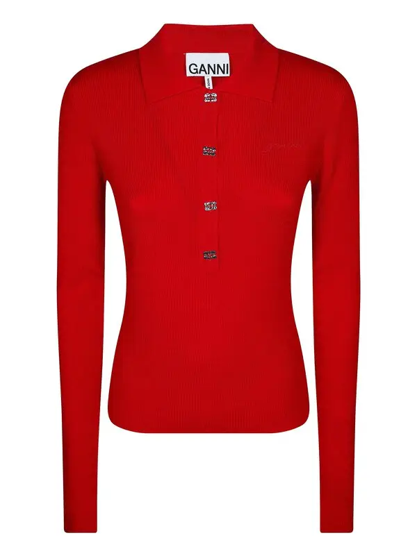 GANNI Merino Wool Ribbed Polo - Rosso
