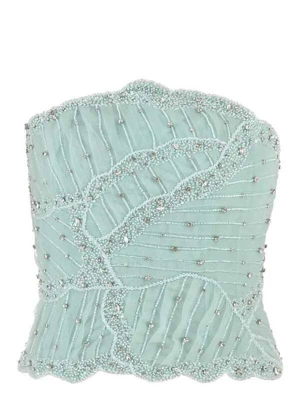 Costarellos Lightweight Tulle Floral Bodice Top - Light Blue