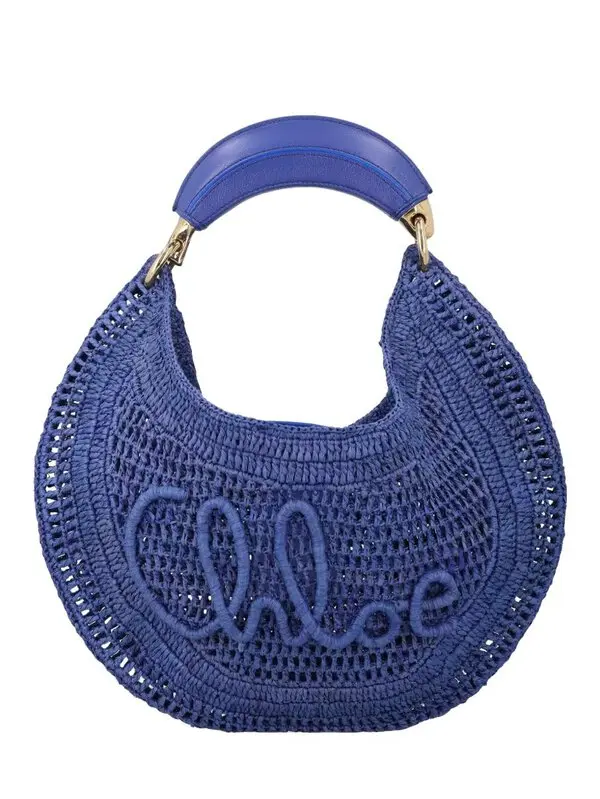 Chloé Mini Raffia Tote Bag With Banana-shaped Handle, 21.5 Cm - Blu