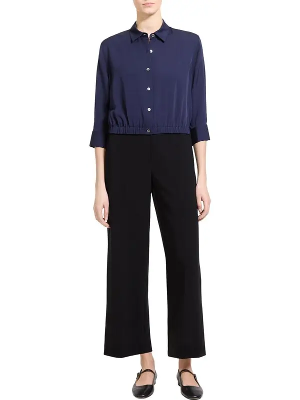 Theory Silk Georgette Cinched Crop Shirt - Blue