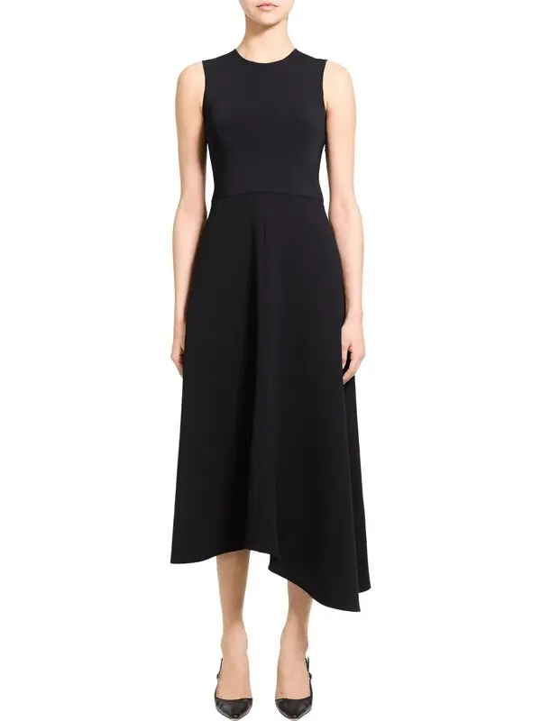 Theory Knit Crepe Combo Asymmetric Midi Dress - Black