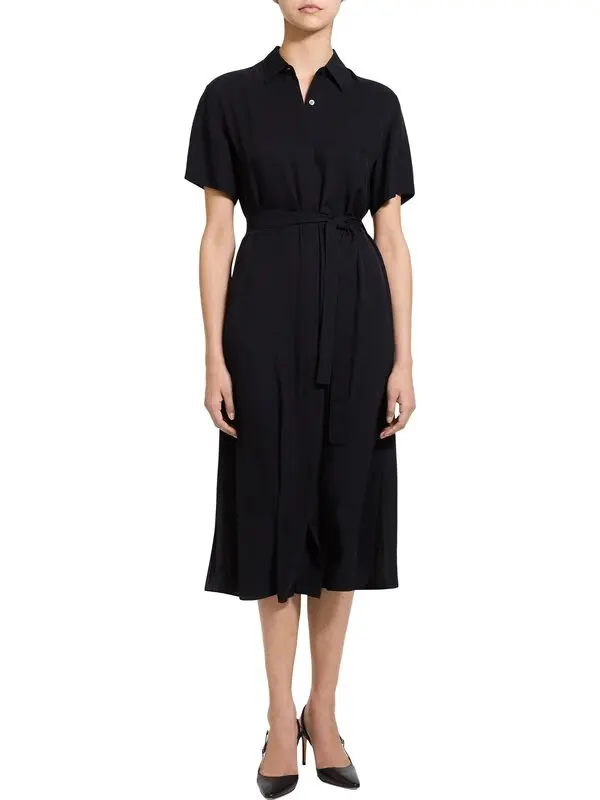 Theory Twill Belted A-line Shirt Dress - Black