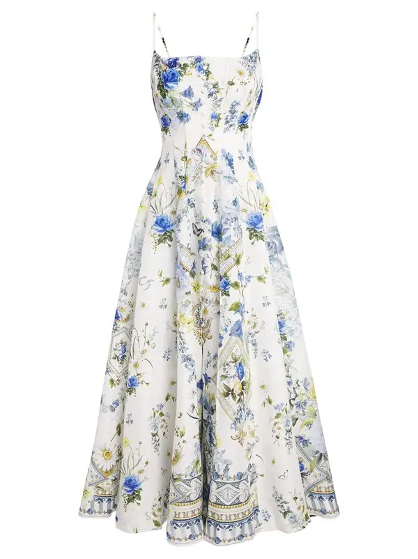 Camilla Linen-silk Corset Midi Dress - Blue