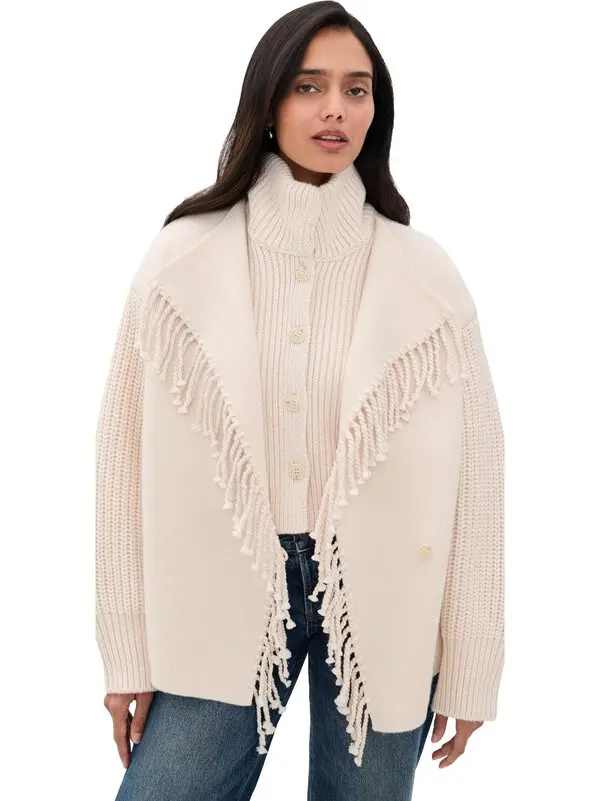 FRAME Cropped Jacquard Fringe Coat - Ecru