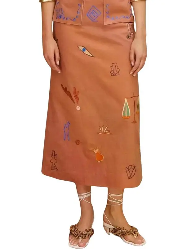 ALEMAIS Dusty Embroidered Midi Skirt - Orange