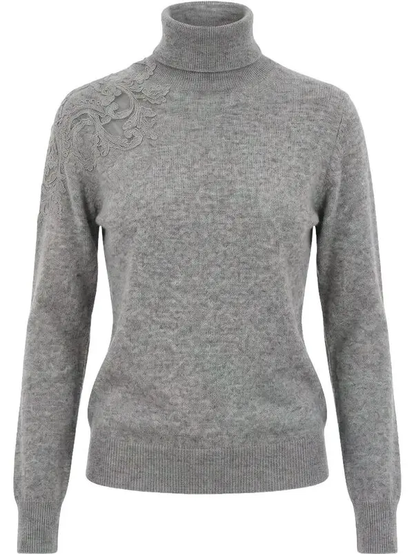 Ermanno Scervino Cashmere Lace-trim Roll-neck Sweater - Grey
